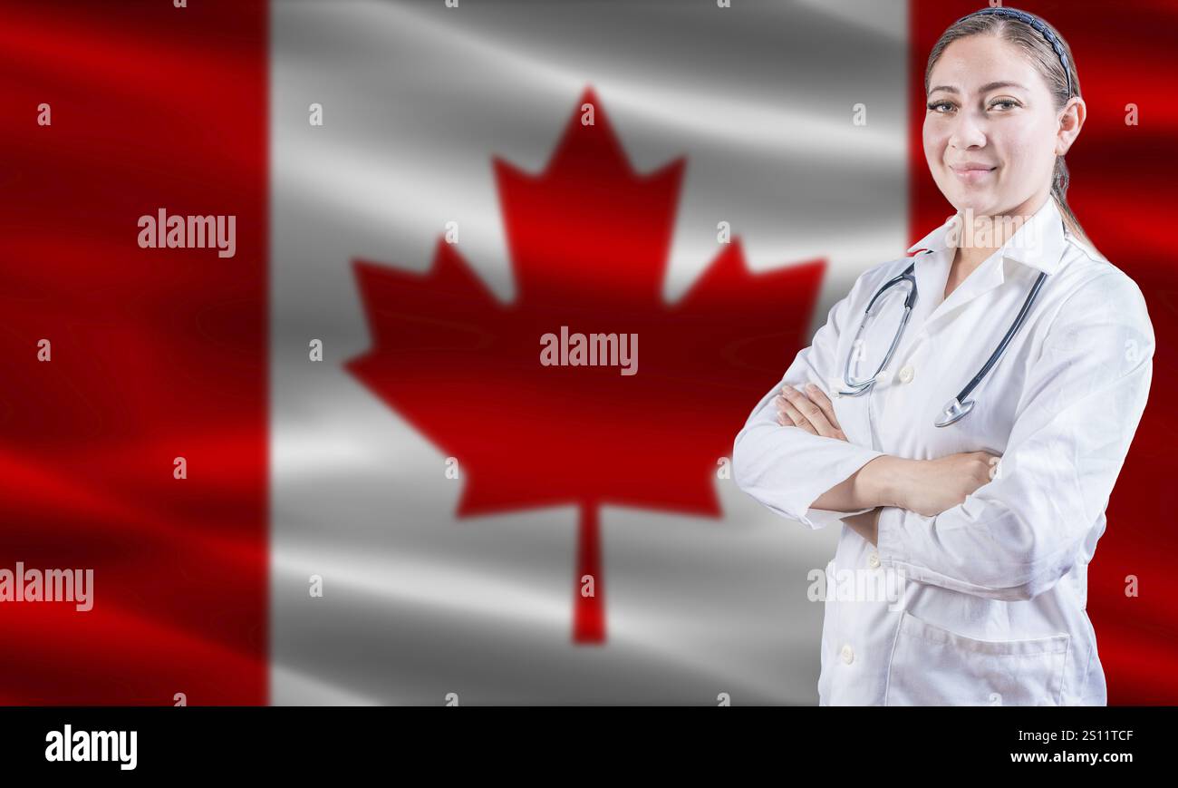 Female doctor on Canada flag. Doctor with crossed arms on Canada flag ...