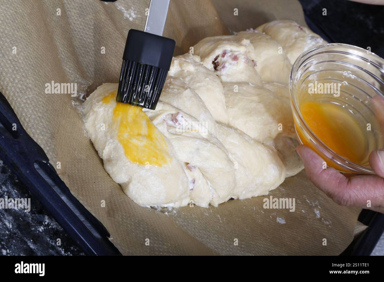Swabian cuisine, preparation of savoury yeast plait with smoked meat ...