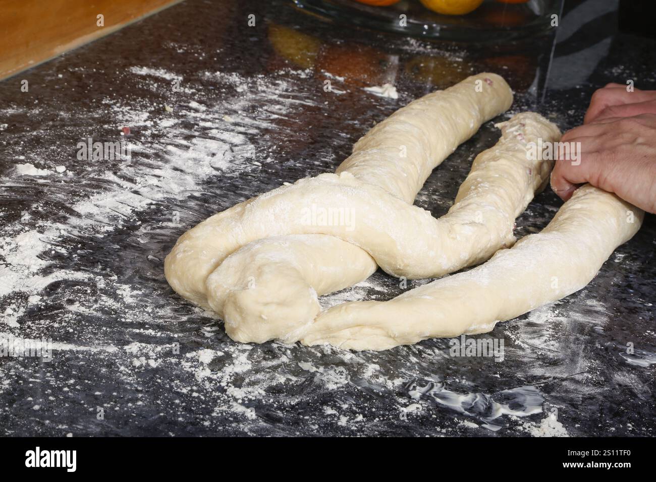 Swabian cuisine, preparation of savoury yeast plait with smoked meat ...