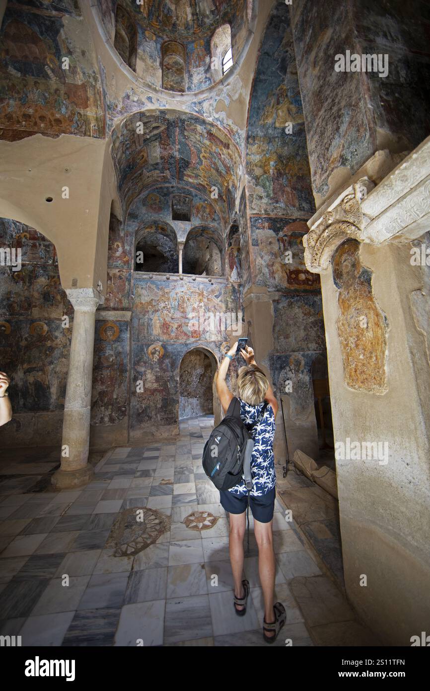 Church frescoes in the Byzantine ruined city of Mystras or Mistra on ...