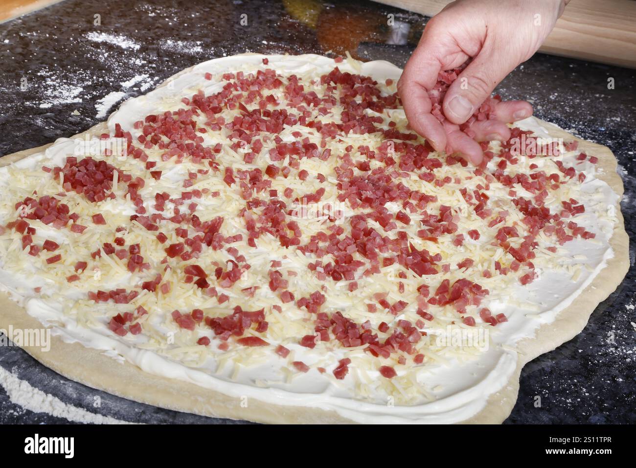 Swabian cuisine, preparation of savoury yeast plait with smoked meat ...