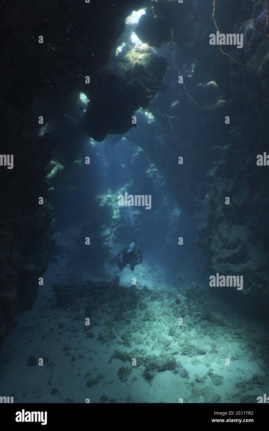 A lone diver in a dark underwater cave with rays of light, dive site ...