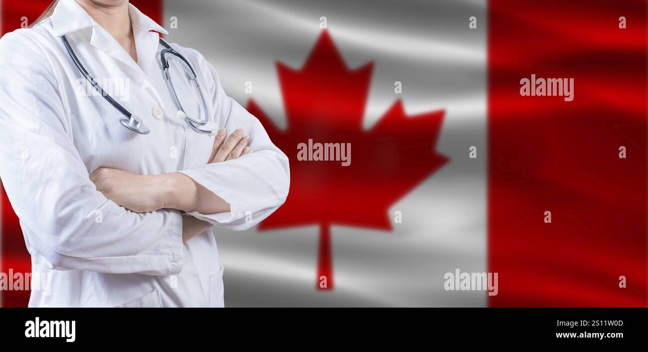 Doctor with crossed arms on Canada flag. Canada Health and Care concept ...