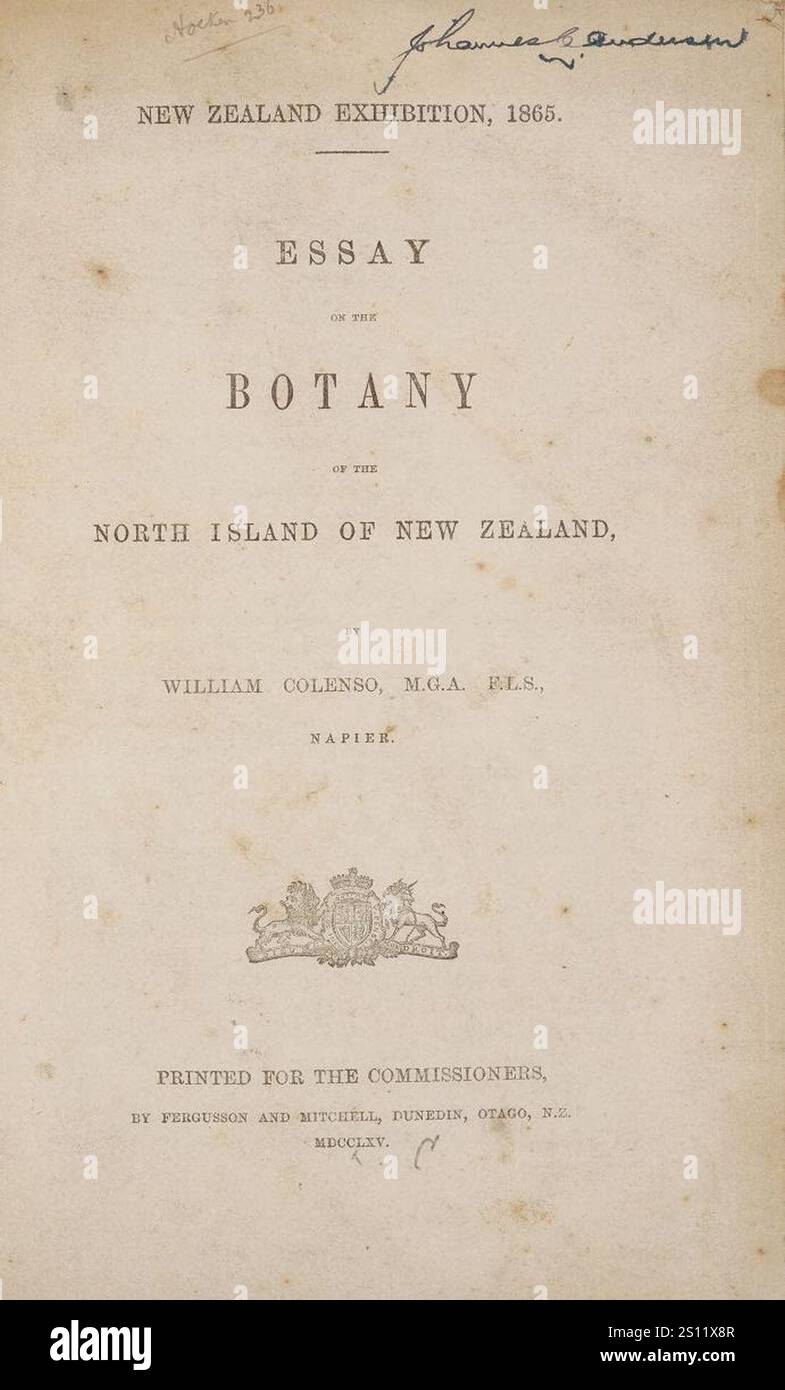 Essay on the botany of the North Island of New Zealand title page Stock ...