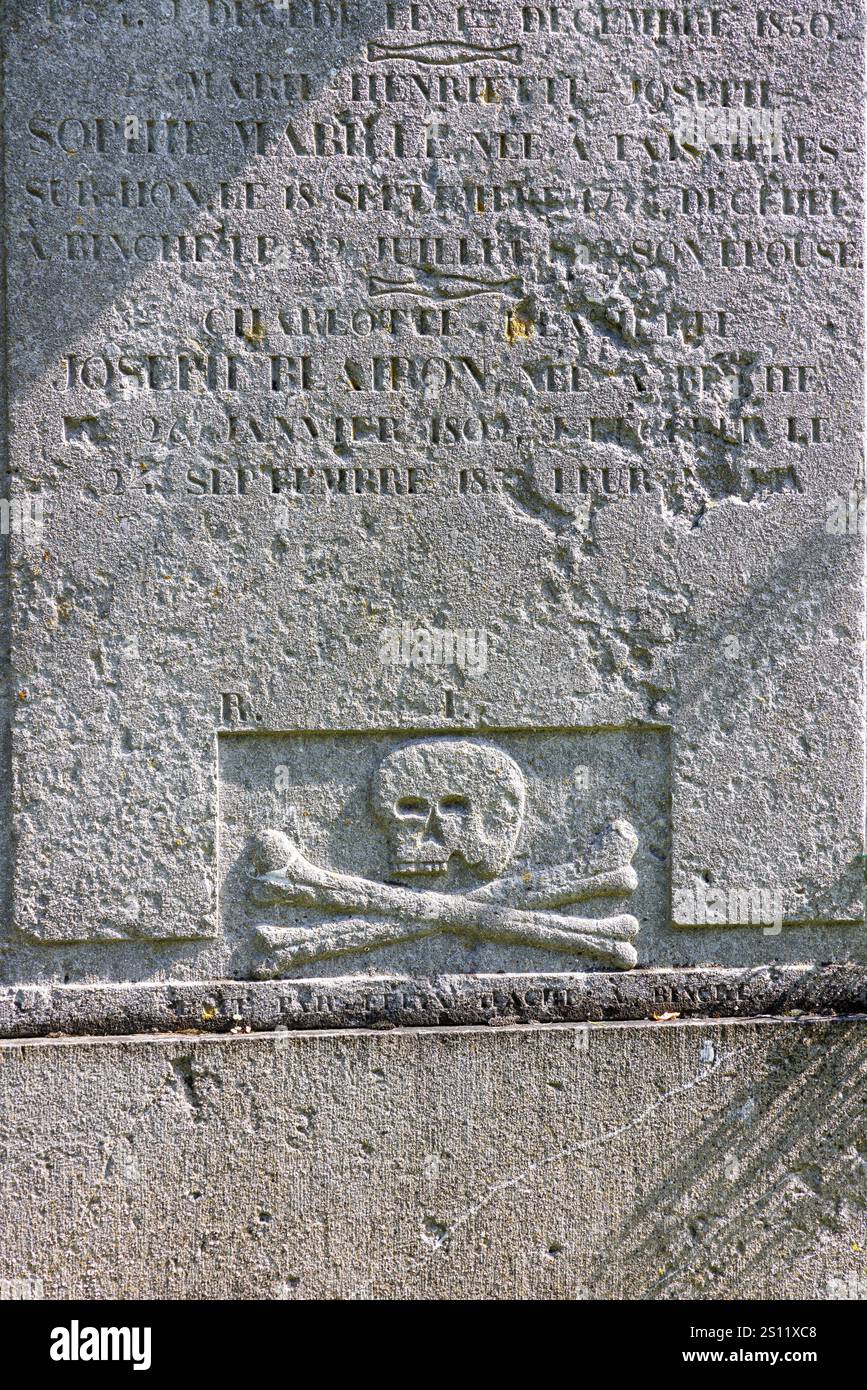 Gravestone with skull and crossbones in the old cemetery, Collegiale ...