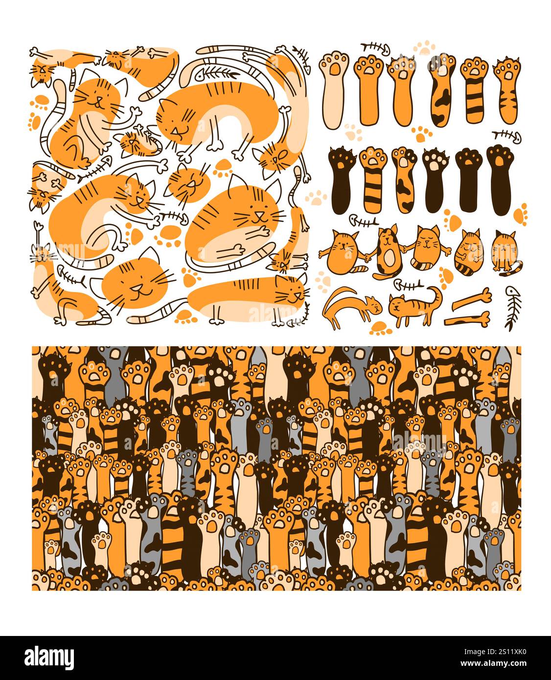 Cute Cat Paw Element Set. Seamless cat paw background. Set of cute cats ...