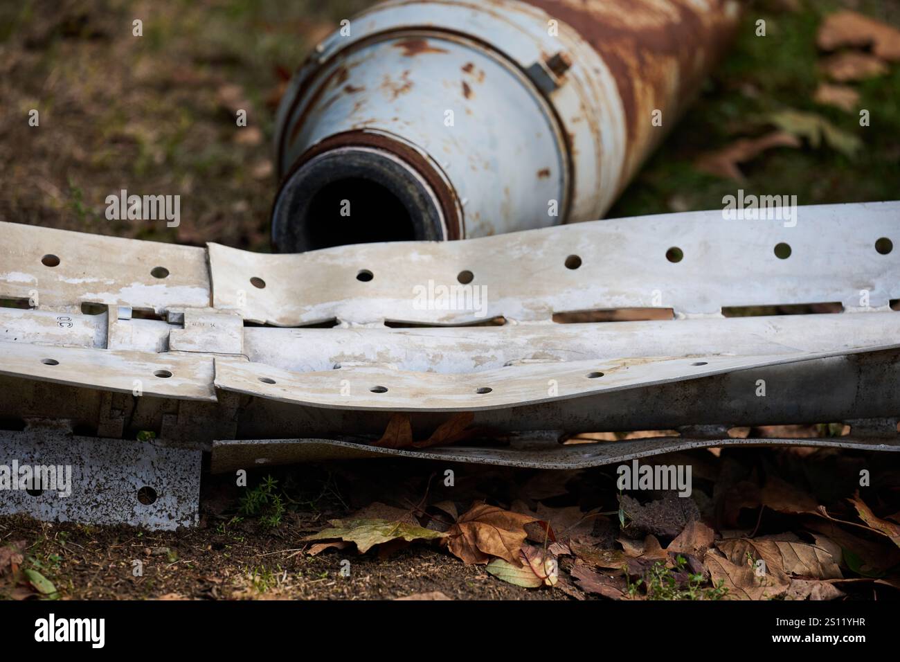 The tail section of a 220 mm rocket for the Uragan rocket fire system ...