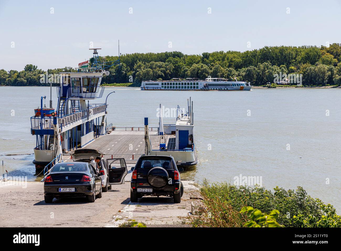 Car ferry and cruise ship on the River Danube, Vac, Hungary Stock Photo ...
