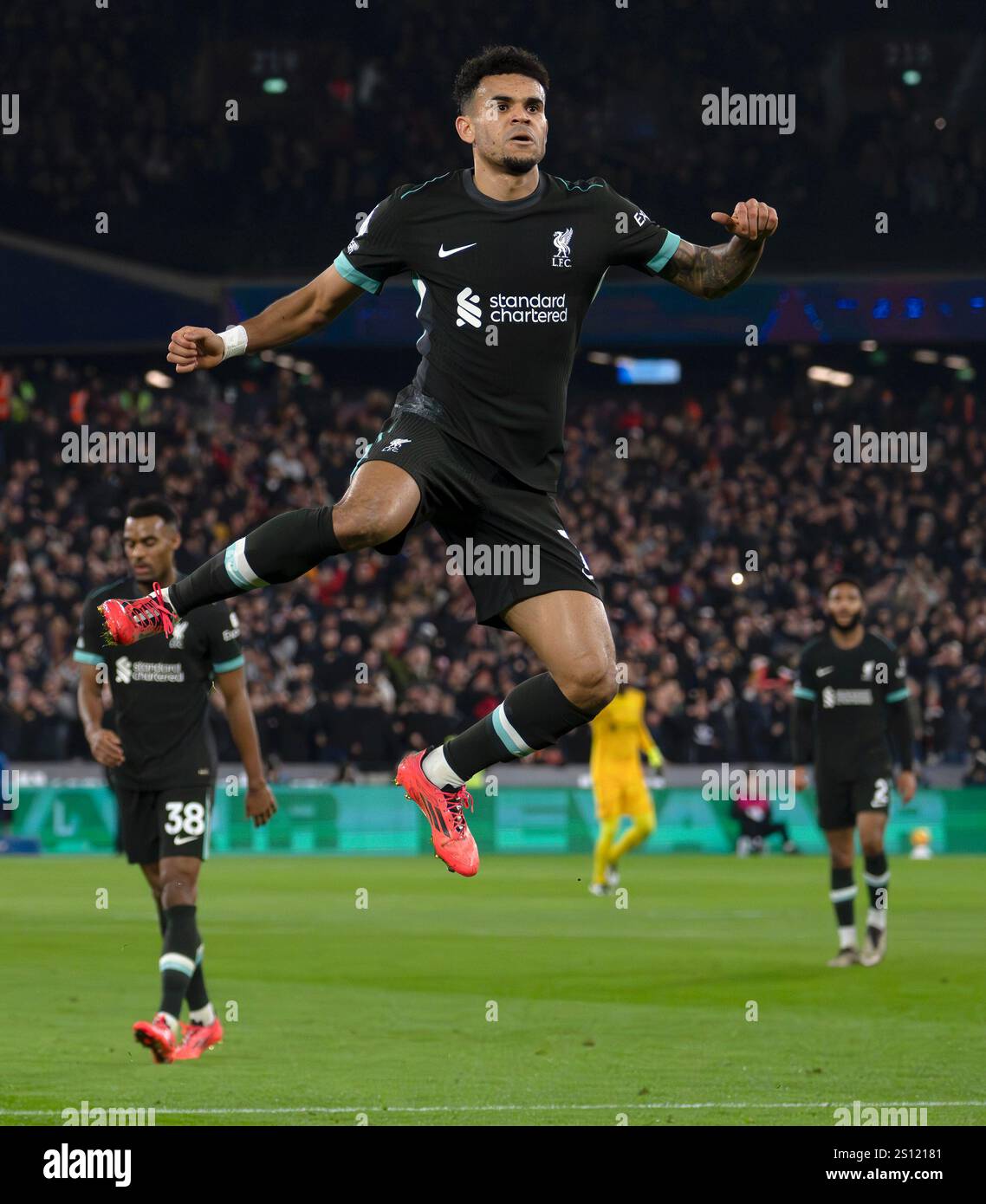 London, UK. 29th Dec, 2024. Luis Diaz of Liverpool celebrates after he ...