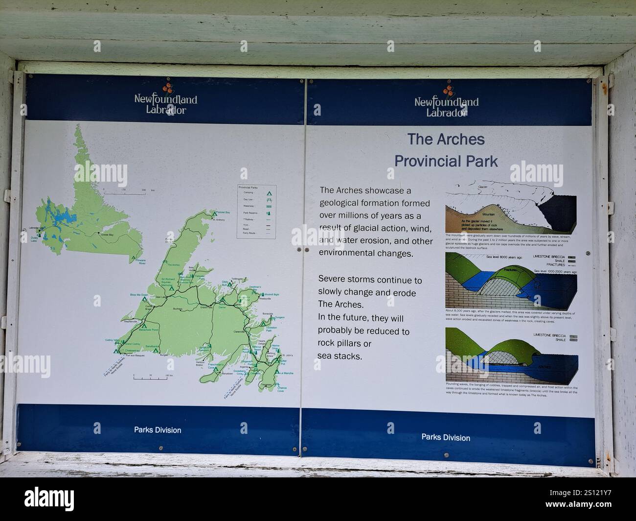 Information sign at The Arches Provincial Park in Portland Creek ...