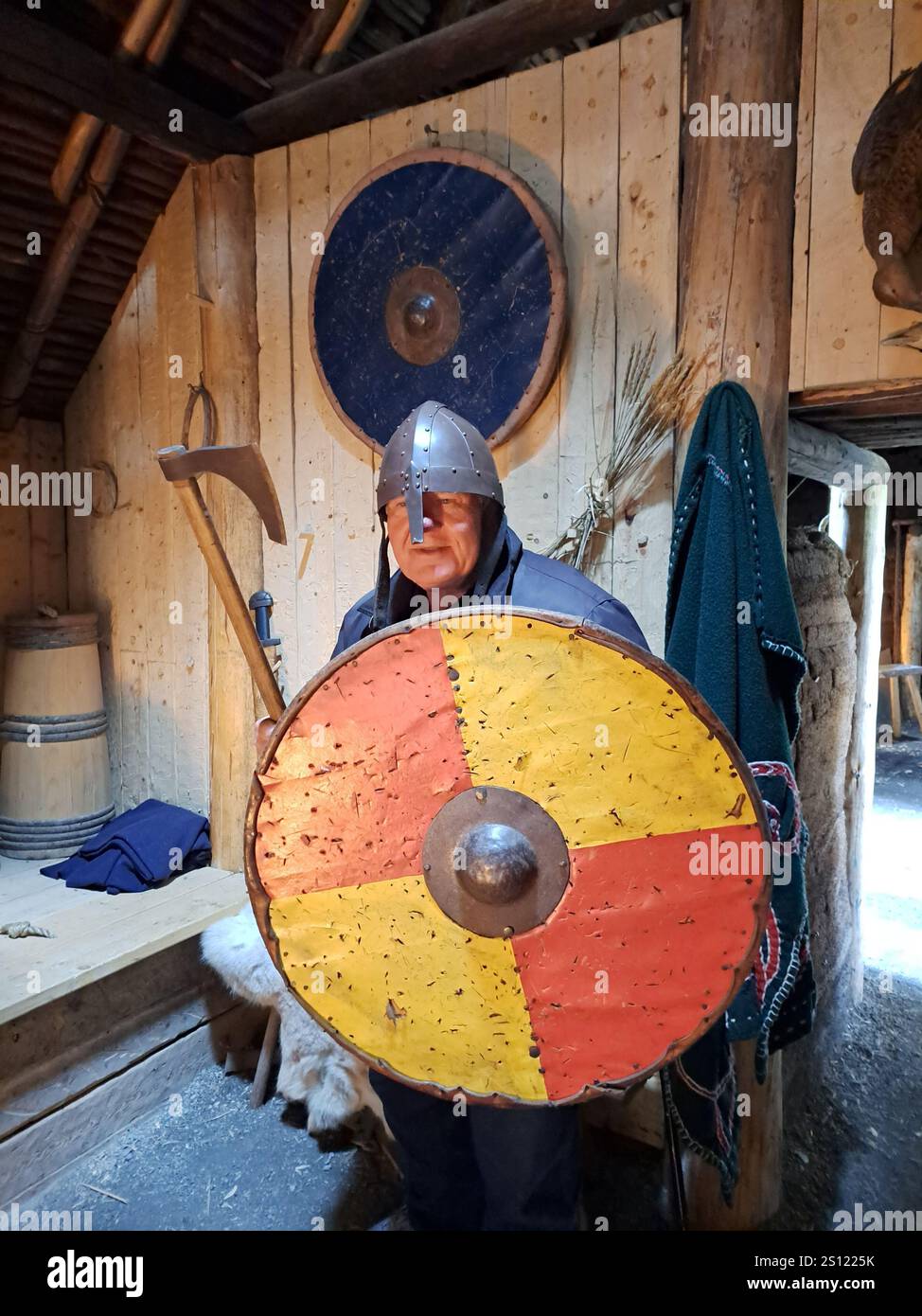 Viking shield and sword inside the longhouse at L’Anse aux Meadows in ...