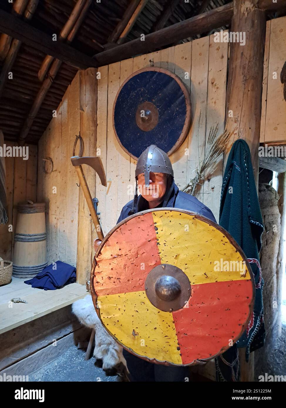 Viking shield and sword inside the longhouse at L’Anse aux Meadows in ...