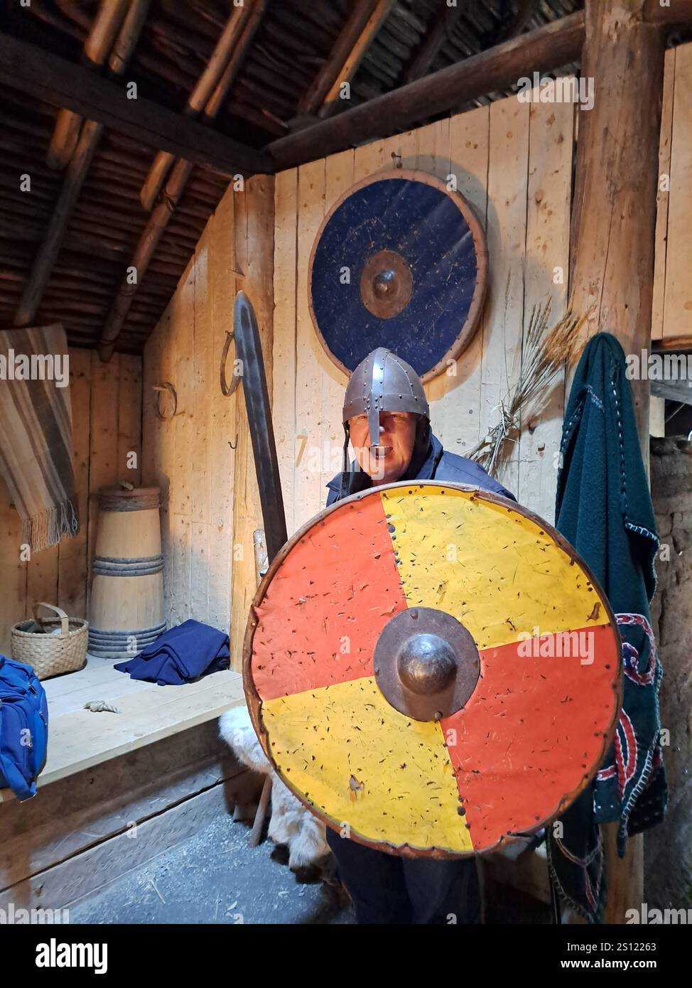 Viking shield and sword inside the longhouse at L’Anse aux Meadows in ...