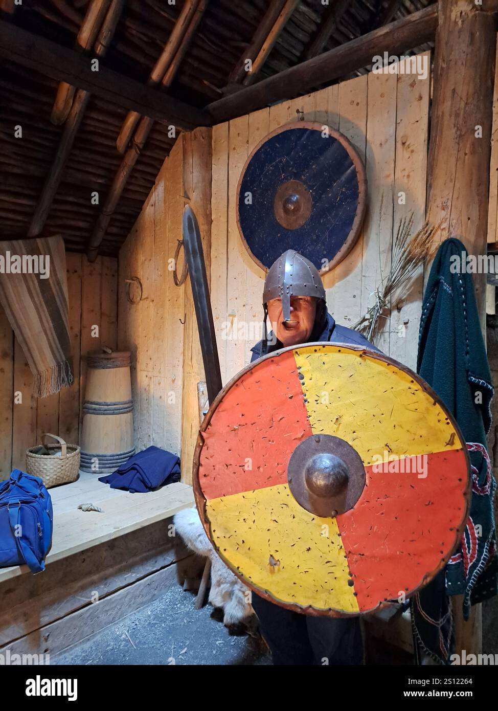Viking shield and sword inside the longhouse at L’Anse aux Meadows in ...