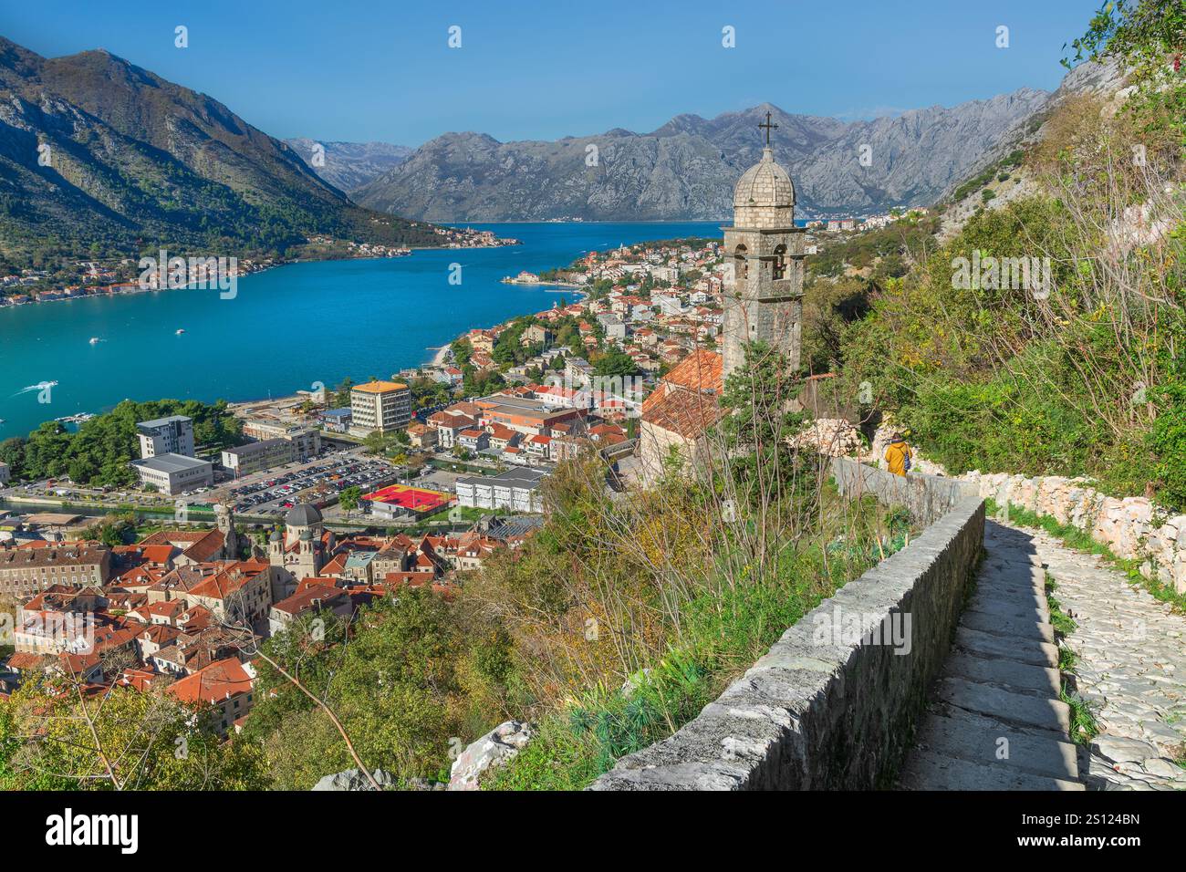 Panorama showing city walls of Kotor Old town and church tower of the ...