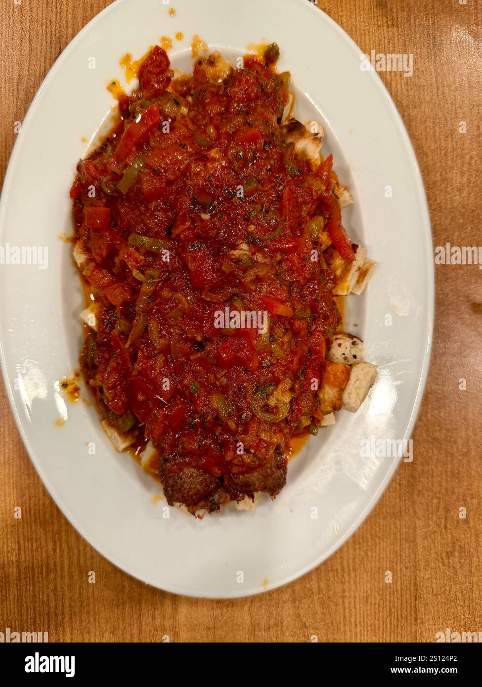 Turkish Halep kebap with bread, in Turkey. Traditional food Stock Photo ...