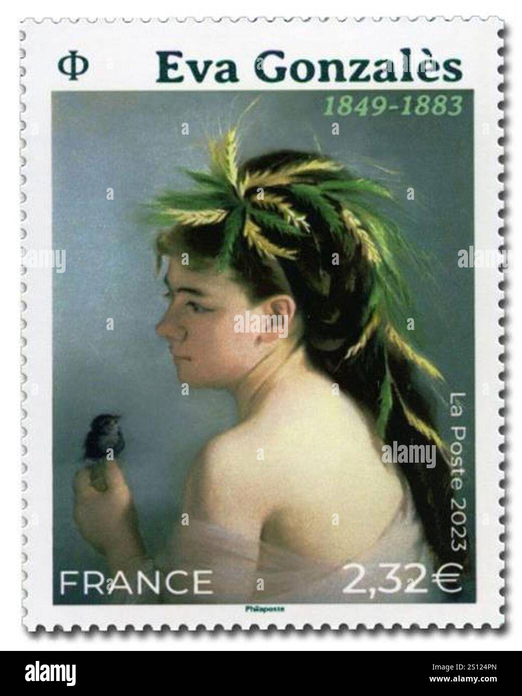 Eva Gonzalès - Le moineau - c 1865-1870 - painting on stamp Stock Photo ...