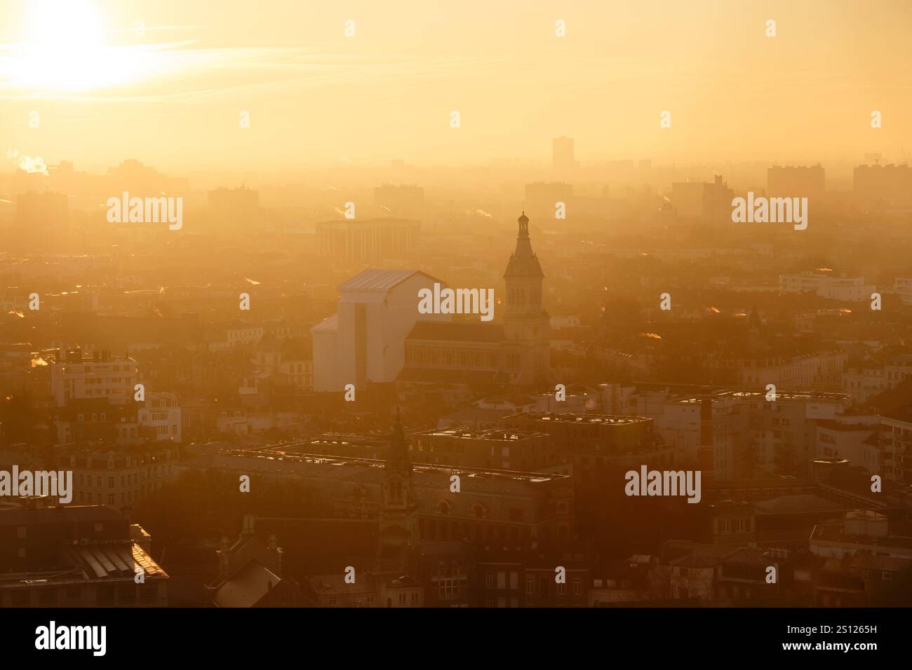Aerial skyline view of the historical cityscape of Lille at sunset ...