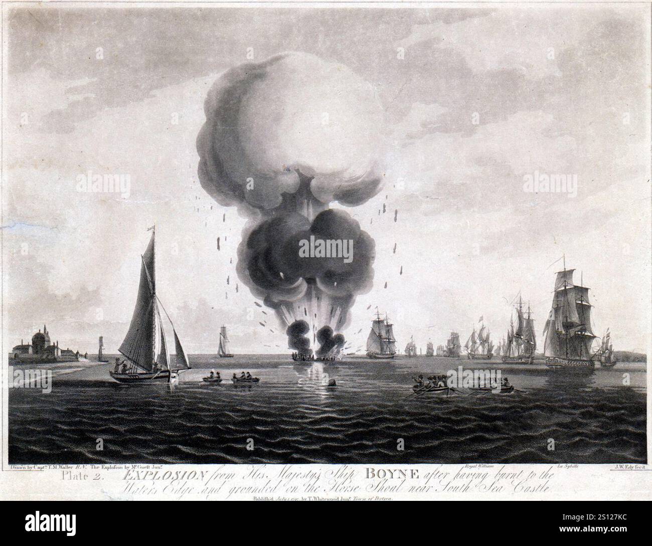 Explosion from His Majesty's Ship Boyne after having burnt to the Water ...