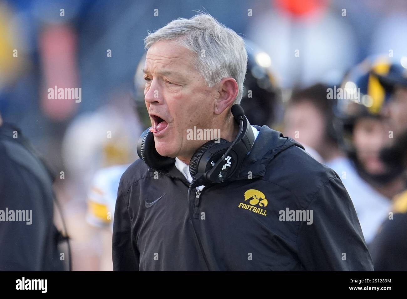 Iowa head coach Kirk Ferentz reacts to official's call during the first ...