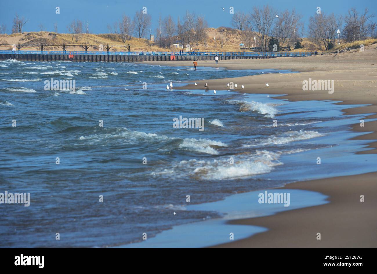 Lake Michigan waves wash onto Silver Beach Monday, Dec. 30, 2024, in St ...