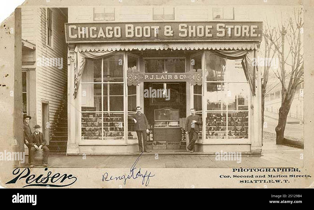 Exterior of Chicago Boot & Shoe Store before Great Seattle Fire, circa ...
