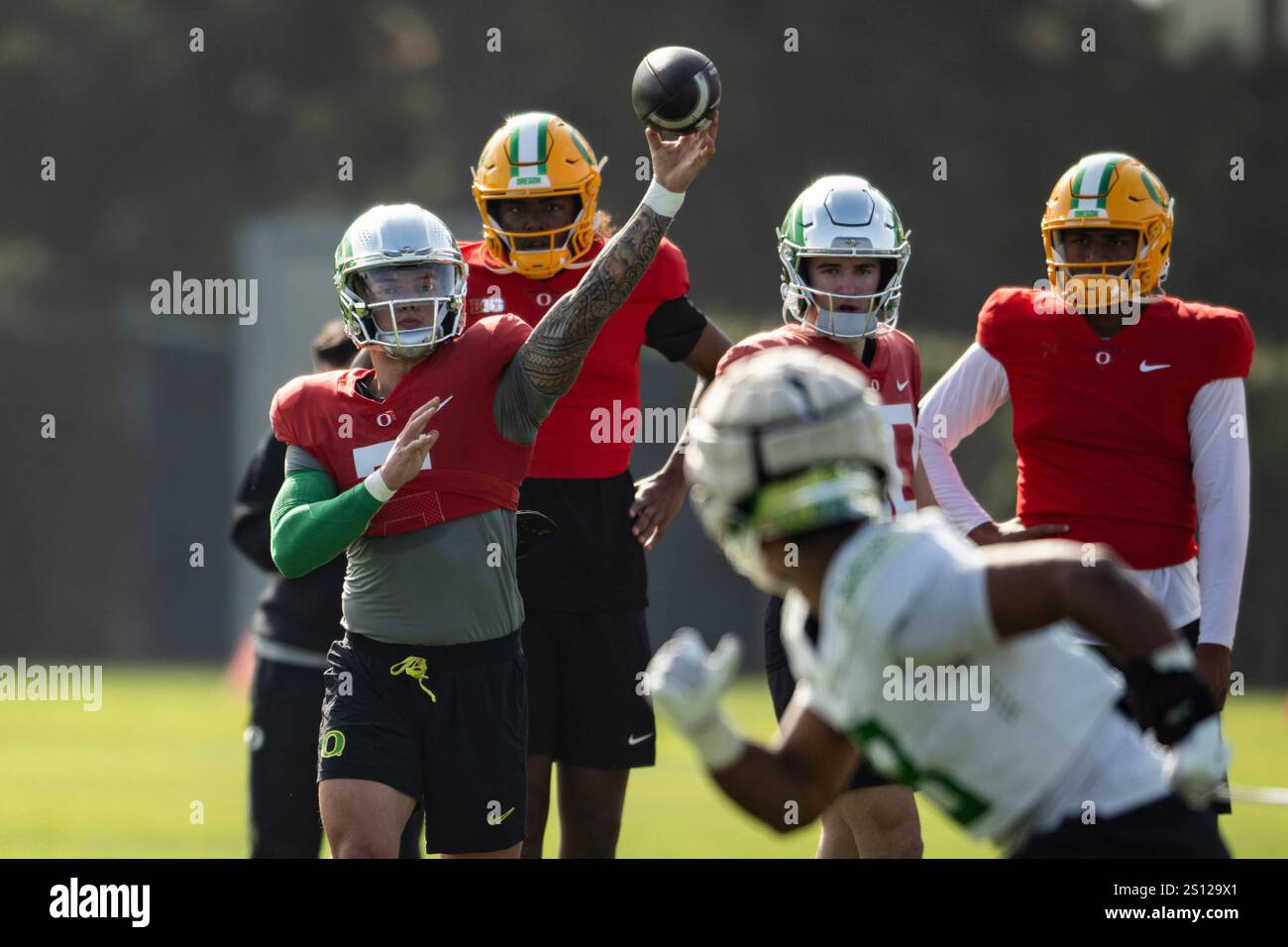 Oregon quarterback Dillon Gabriel throws during practice in Carson ...