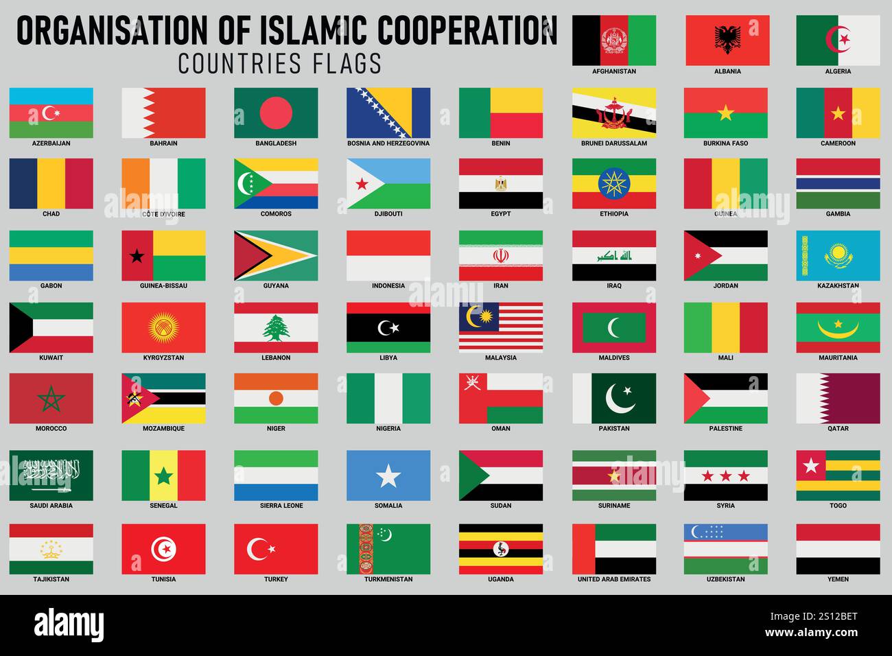 Set of flags of Islamic countries with country name vector design, OIC countries flags, flags ...