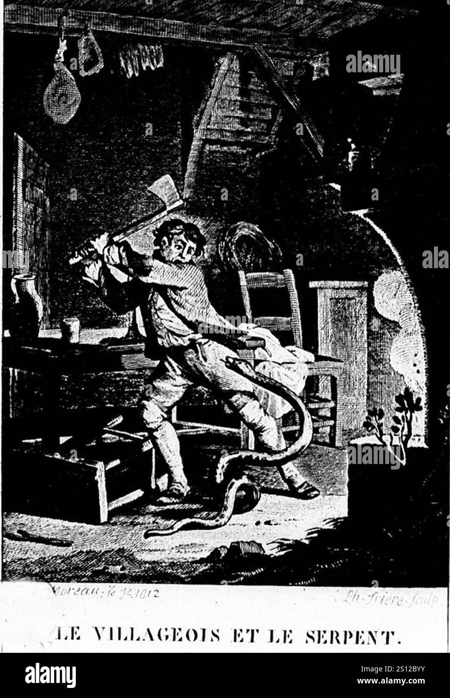 Fables de La Fontaine - J.M. Moreau - Le Villageois et le Serpent Stock ...