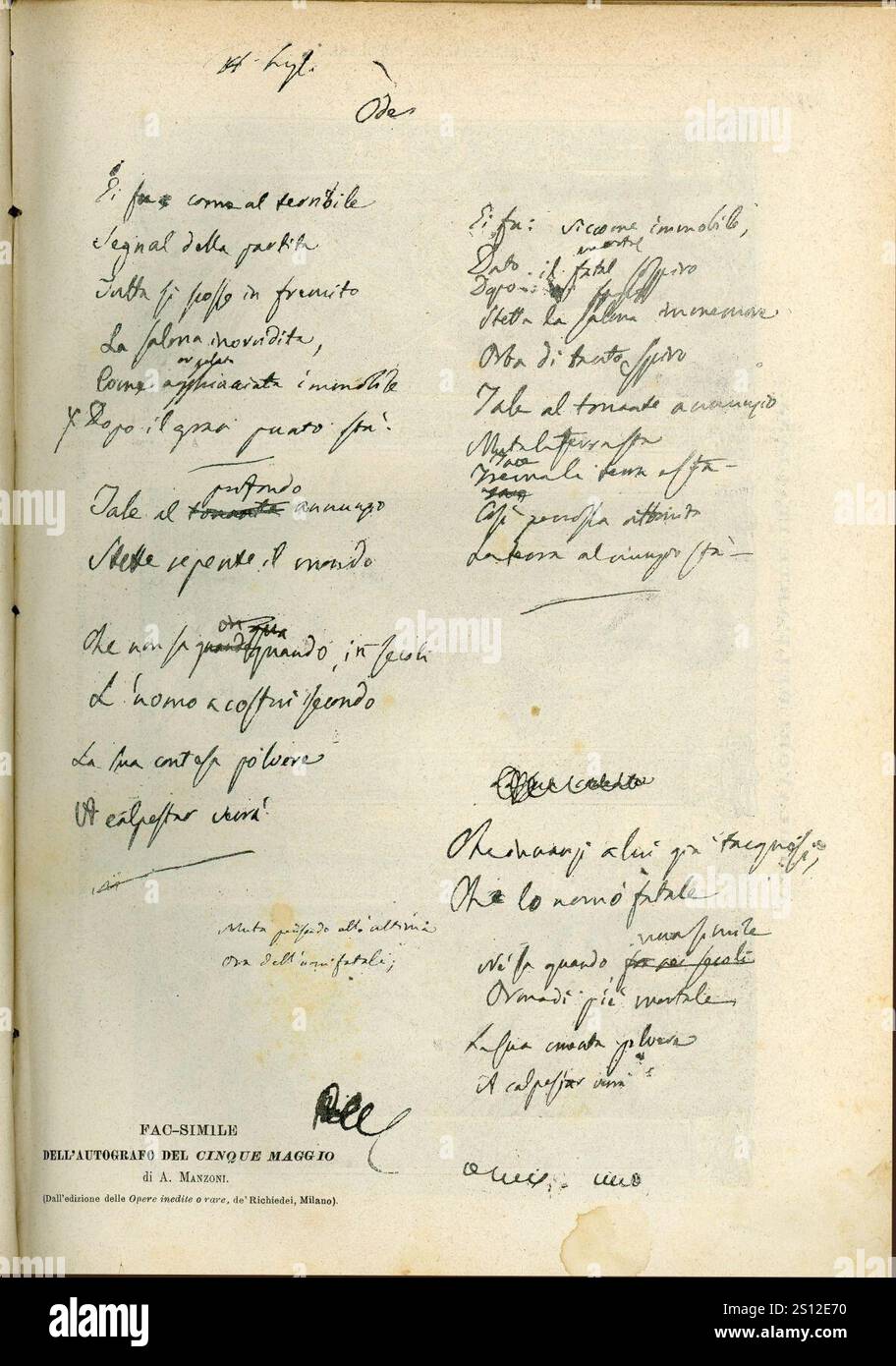 Fac-simile dell’autografo del Cinque Maggio di Alessandro Manzoni Stock ...