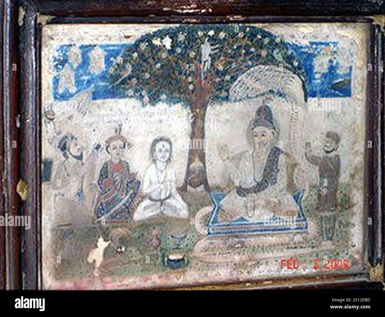 Faded artwork of what appears to be Guru Nanak under a tree with fly ...