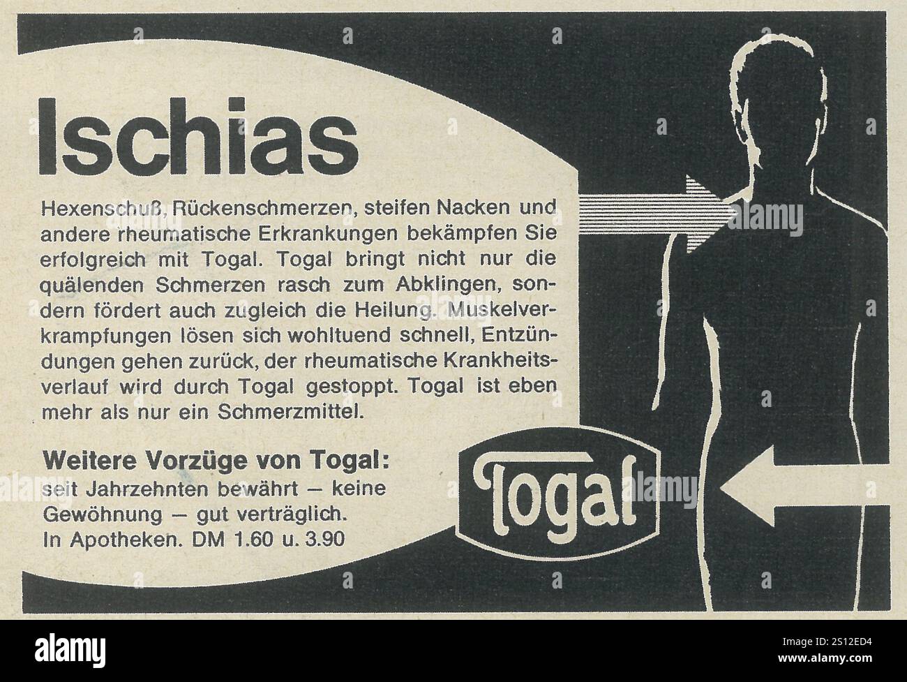 1963 German Togal rheumatic illness rheumatism neck pain remedy ad ...