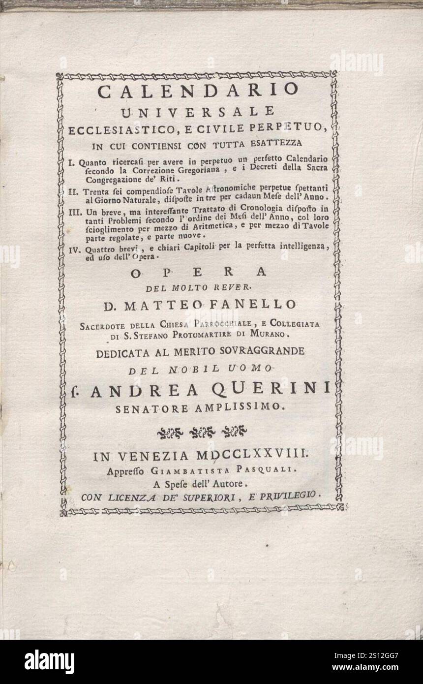 Fanello, Matteo – Calendario universale ecclesiastico e civile perpetuo ...