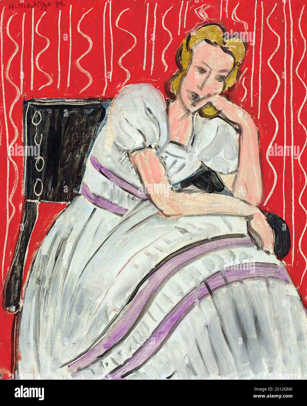 Painting by Henri Matisse (1869-1954) Jeune femme assise en robe grise ...