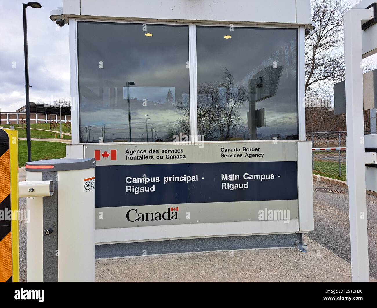 CBSA training college sign on the kiosk on Chem. de la Grande-Ligne in Rigaud, Quebec, Canada ...