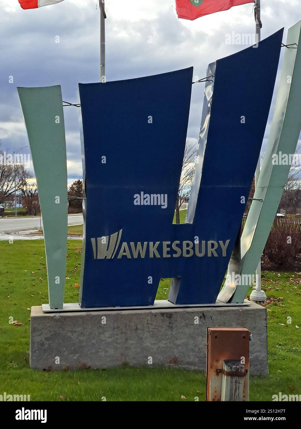 Welcome to the town of Hawkesbury sign at Confederation Park in Ontario ...