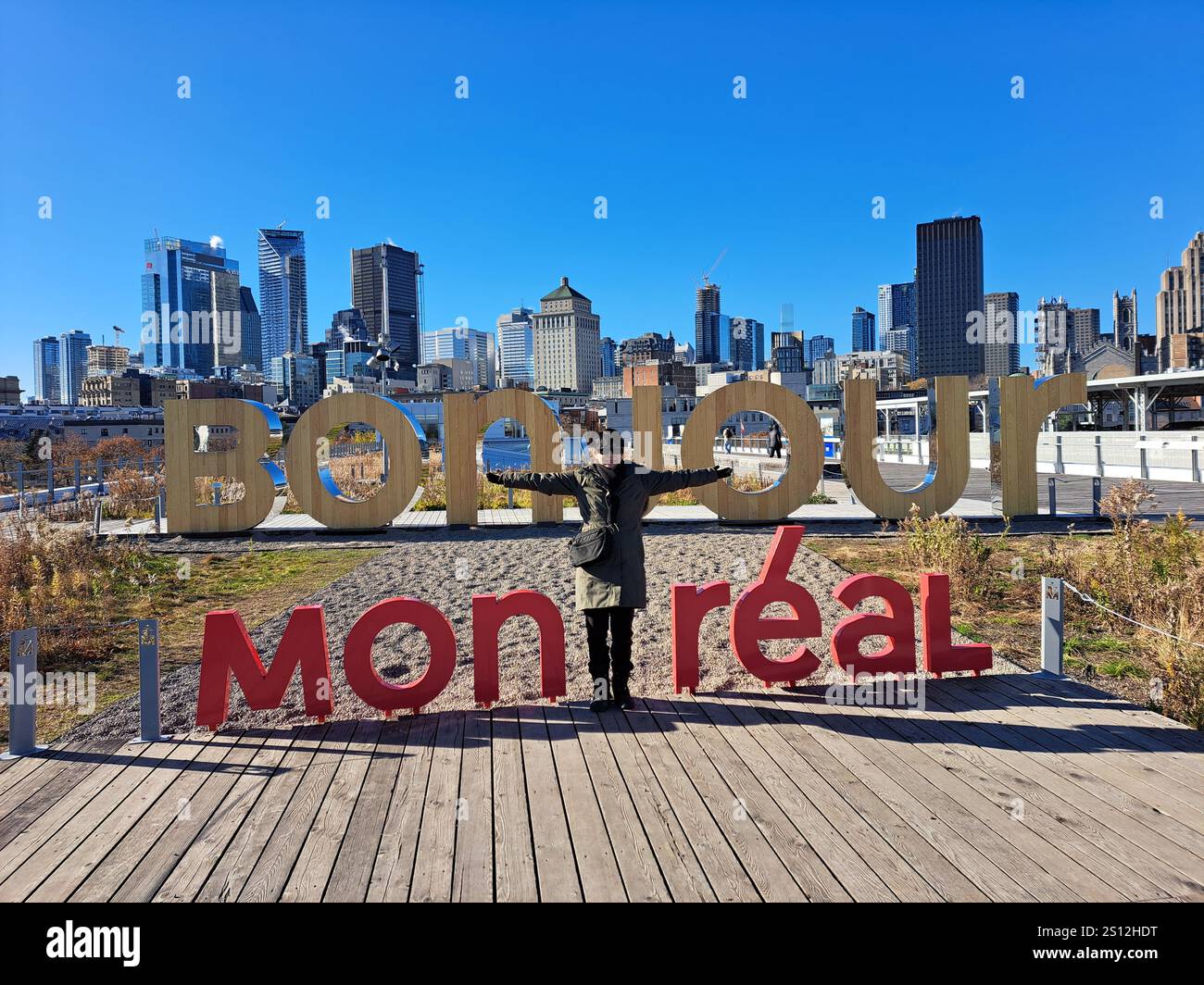 Bonjour Montreal sign at the Grand Quay in Montreal, Quebec, Canada ...