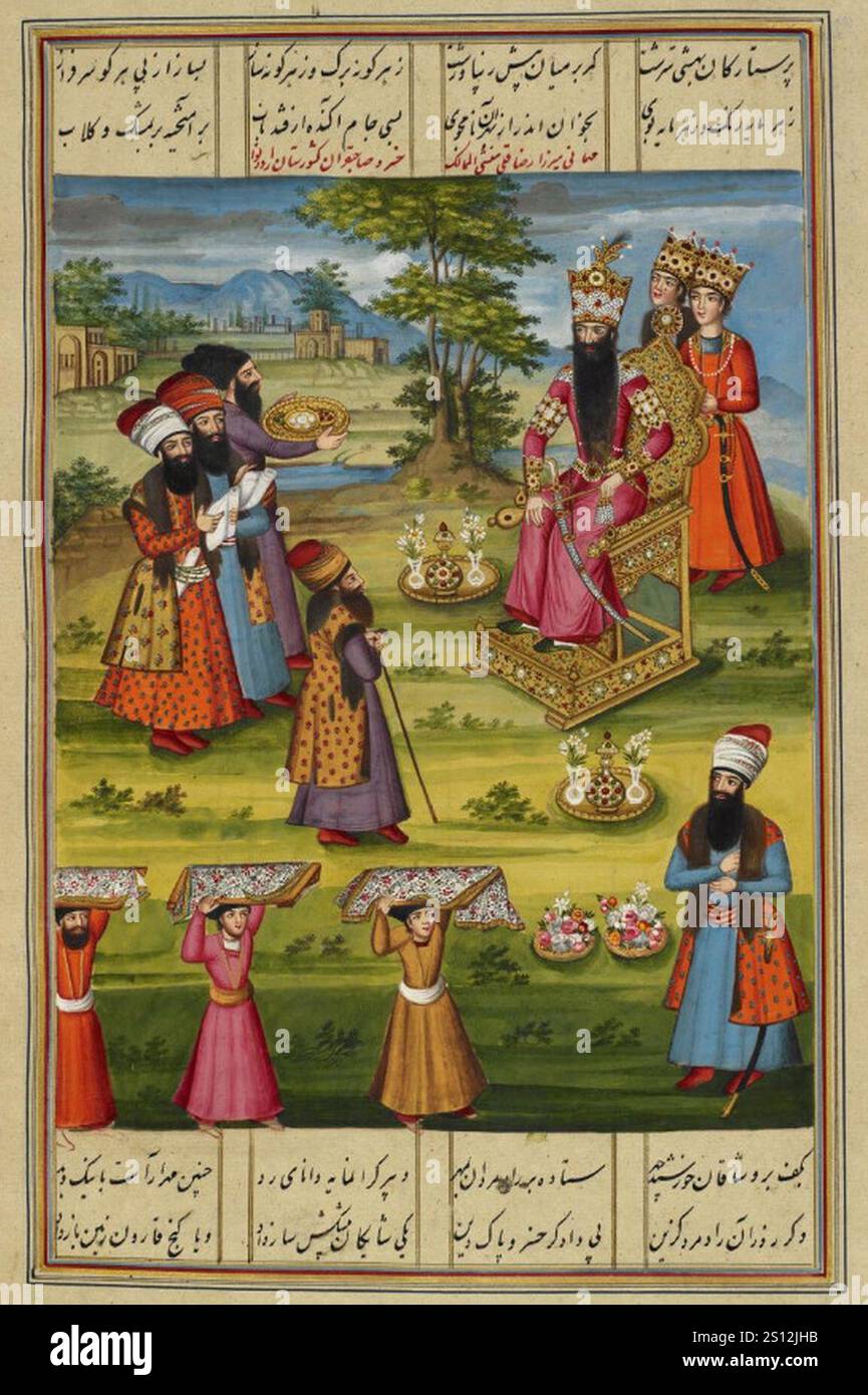 Fath-Ali Shah, enthroned in a garden on the Naderi Throne, with two ...