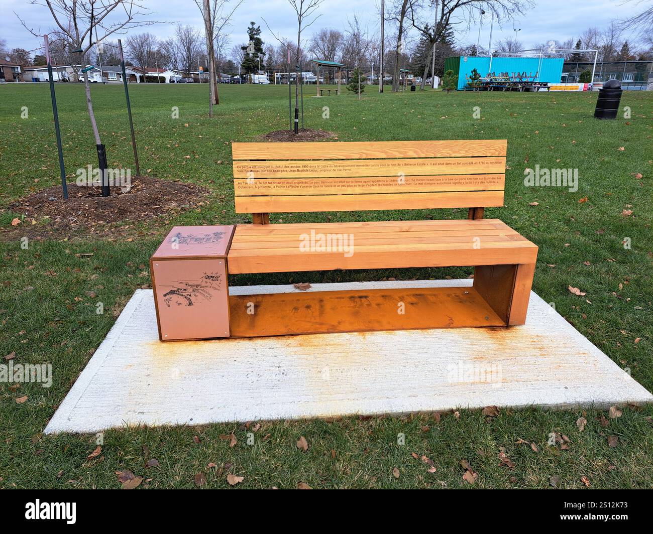 Artistic wooden bench with drawing of Bellevue Park in Pincourt, Quebec ...