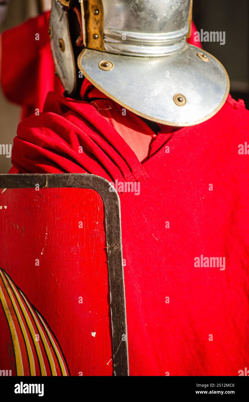 Legionary of Ancient Rome, close up of shield and helmet of infantry of ...