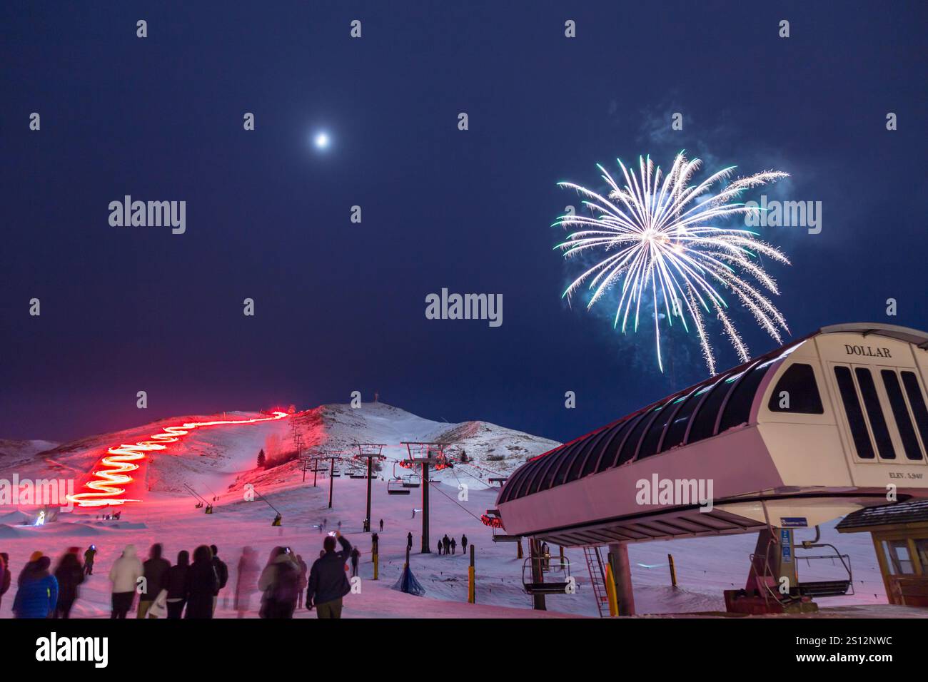 Festive Fireworks Over Snowy Mountain Ski Resort During Night ...