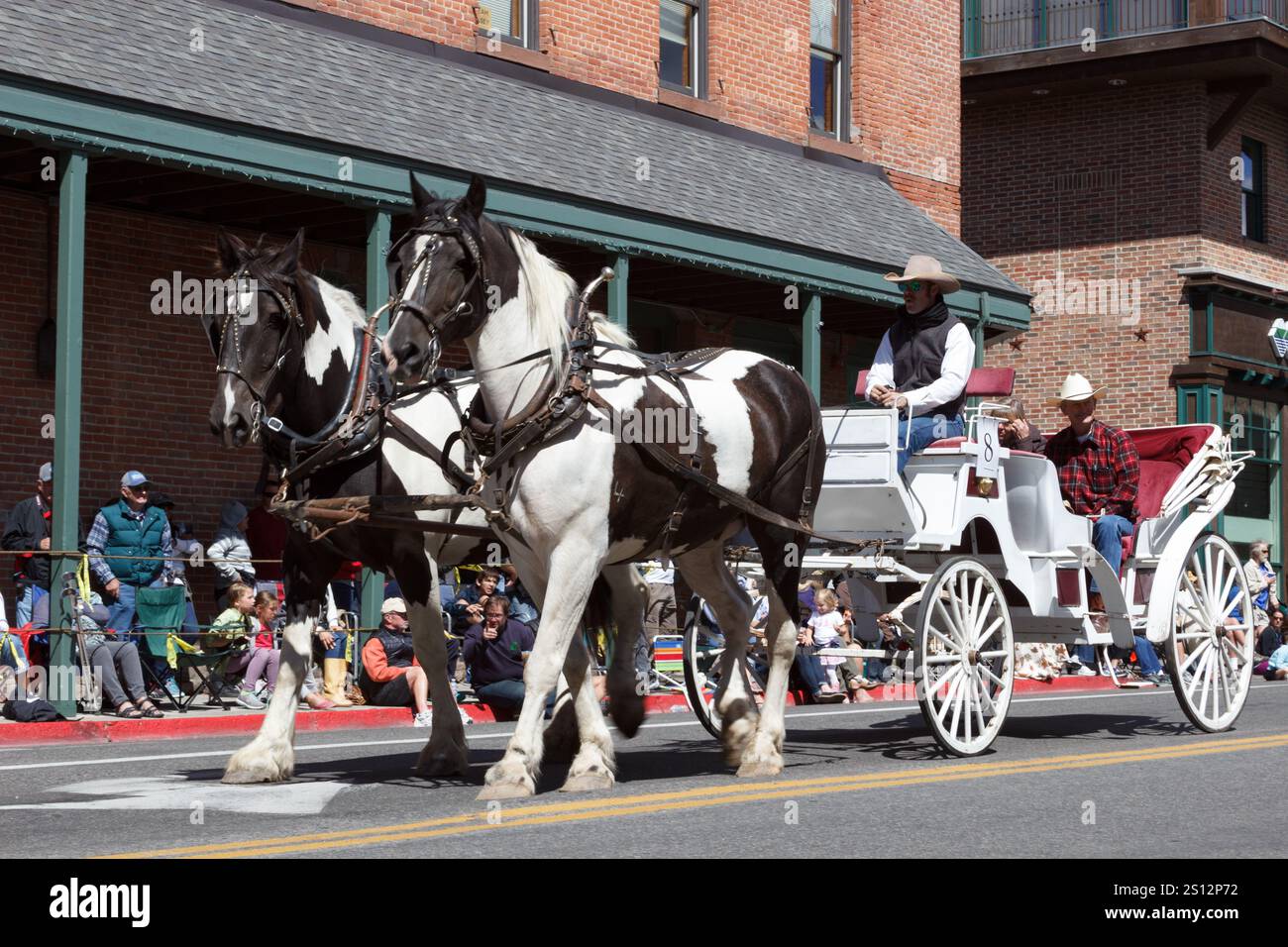 Horse-Drawn Carriage in Colorful Parade with Spectators on City Street ...