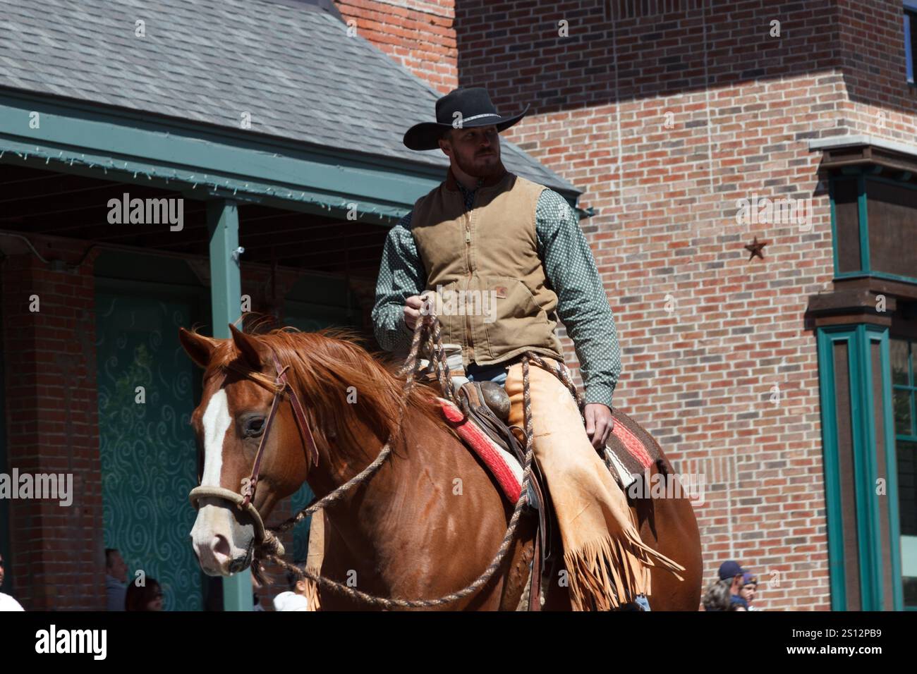 Rodeo Parade Rider on Horseback in Traditional Western Attire, Wagon ...