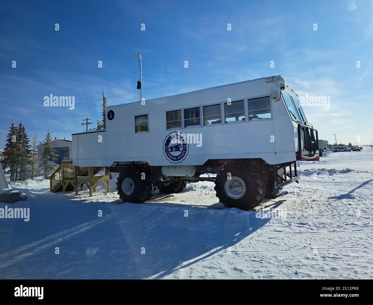 Tundra buggy parked in downtown Churchill, Manitoba, Canada Stock Photo ...