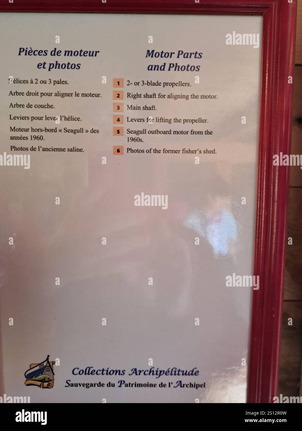 Information sign for British seagull outboard boat motor on Ile-aux ...