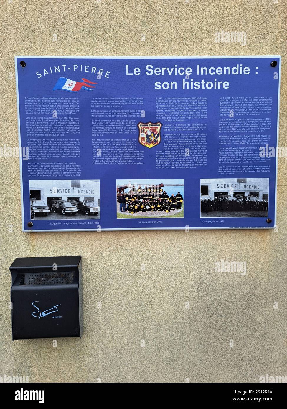 Fire department history sign in St. Pierre & Miquelon, France Stock ...