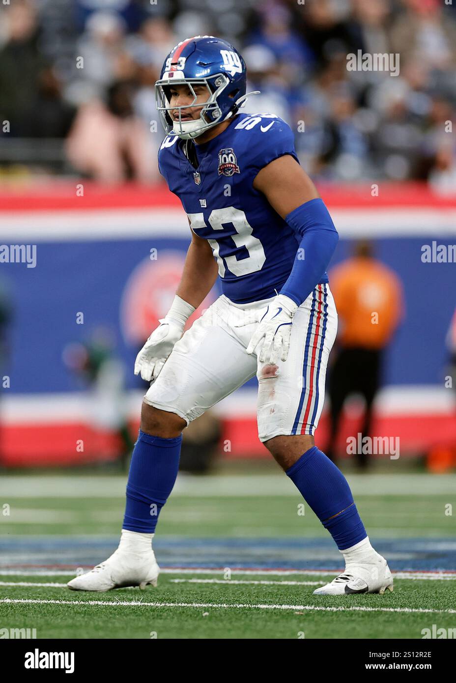 New York Giants linebacker Darius Muasau (53) defends during an NFL ...