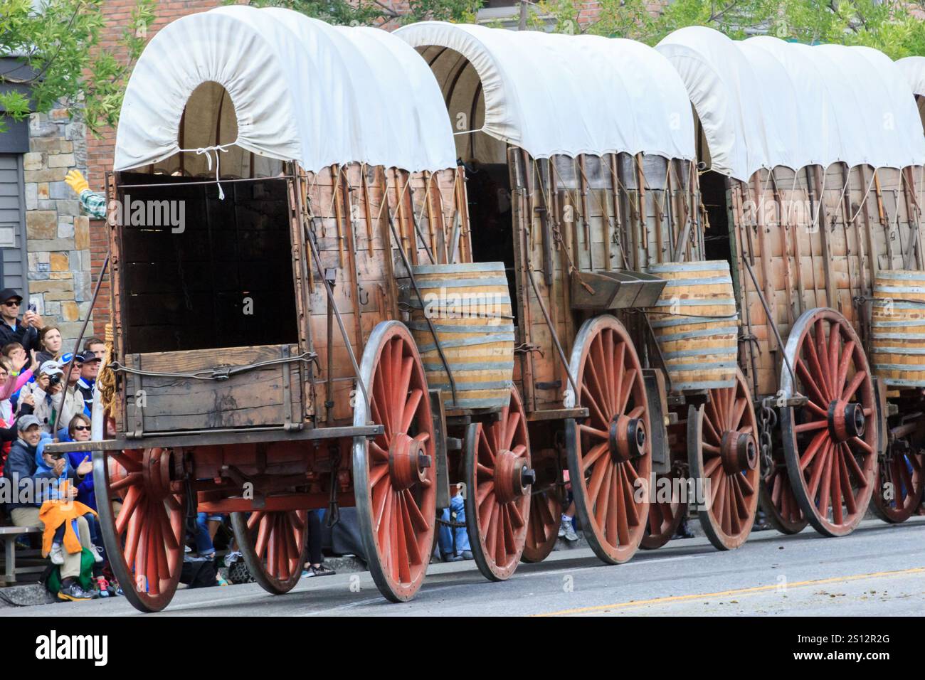 Old Covered Wagons in a Row Displayed on a Historic Street, Wagon Days, Sun Valley, Idaho Stock ...