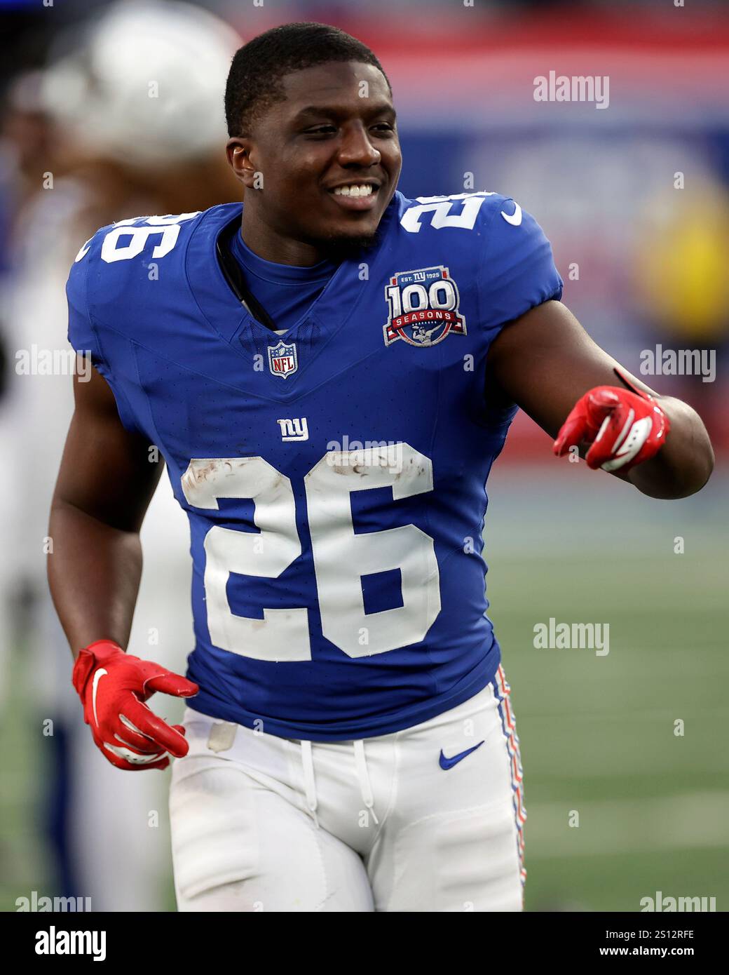 New York Giants running back Devin Singletary (26) reacts after an NFL ...