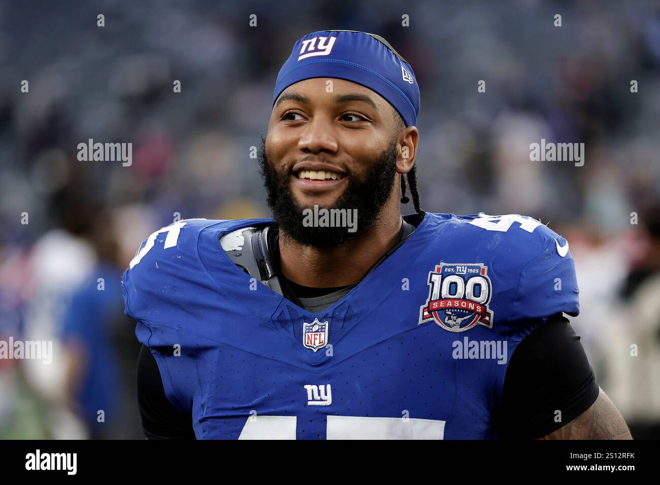New York Giants linebacker Tomon Fox (45) reacts after an NFL football ...